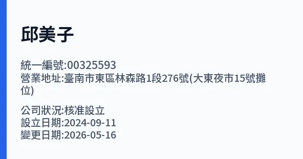 邱美子的照片-統編 00325593(臺南市) 公司登記資料與營業項目詳細圖表