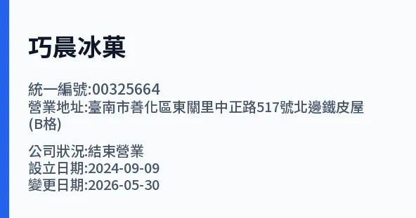 巧晨冰菓的照片-統編 00325664(臺南市) 公司登記資料與營業項目詳細圖表