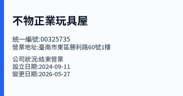 不物正業玩具屋的照片-統編 00325735(臺南市) 公司登記資料與營業項目詳細圖表