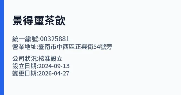 景得璽茶飲的照片-統編 00325881(臺南市) 公司登記資料與營業項目詳細圖表