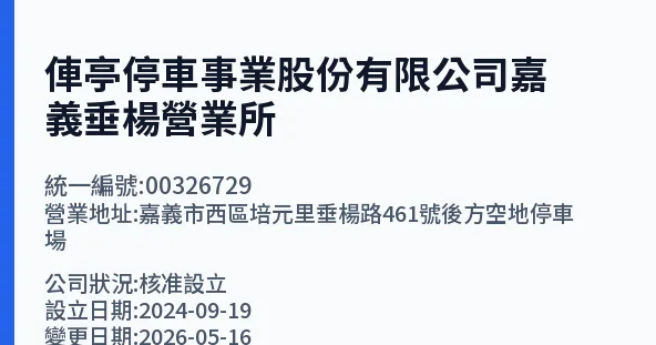 俥亭停車事業股份有限公司嘉義垂楊營業所的照片-統編 00326729(嘉義市) 公司登記資料與營業項目詳細圖表