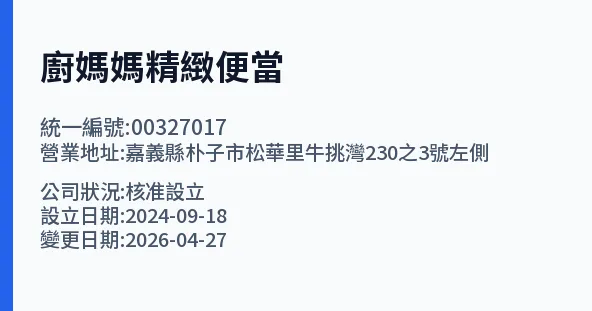 廚媽媽精緻便當的照片-統編 00327017(嘉義縣) 公司登記資料與營業項目詳細圖表
