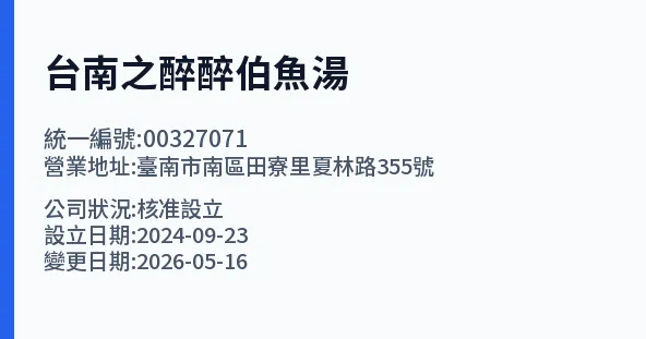 台南之醉醉伯魚湯的照片-統編 00327071(臺南市) 公司登記資料與營業項目詳細圖表