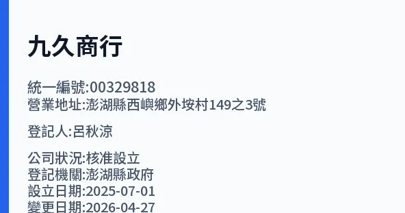 九久商行的照片-統編 00329818(澎湖縣) 公司登記資料與營業項目詳細圖表