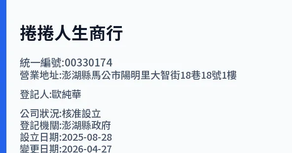 捲捲人生商行的照片-統編 00330174(澎湖縣) 公司登記資料與營業項目詳細圖表
