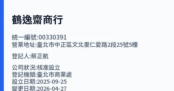 鶴逸齋商行的照片-統編 00330391(臺北市) 公司登記資料與營業項目詳細圖表