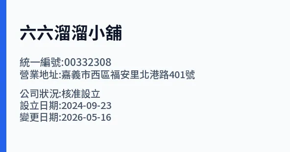 六六溜溜小舖的照片-統編 00332308(嘉義市) 公司登記資料與營業項目詳細圖表