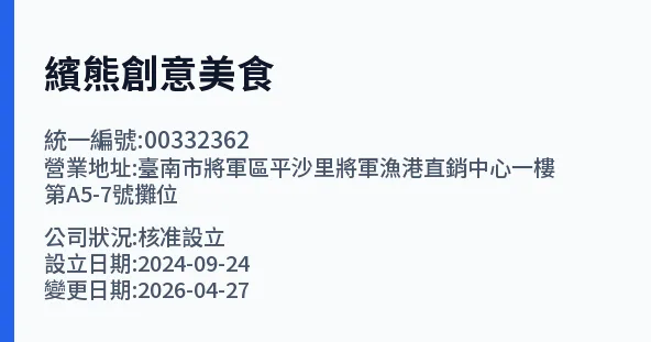 繽熊創意美食的照片-統編 00332362(臺南市) 公司登記資料與營業項目詳細圖表