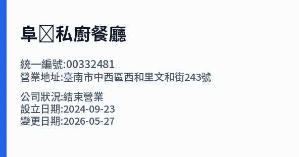 阜㥯私廚餐廳的照片-統編 00332481(臺南市) 公司登記資料與營業項目詳細圖表
