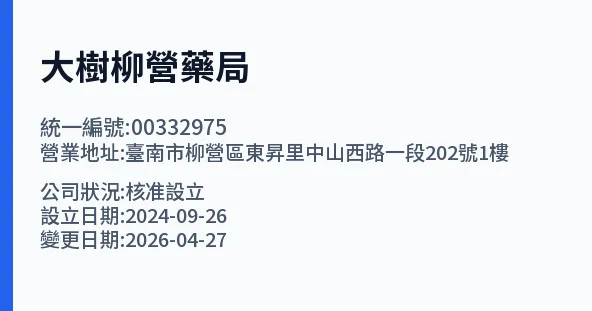大樹柳營藥局的照片-統編 00332975(臺南市) 公司登記資料與營業項目詳細圖表