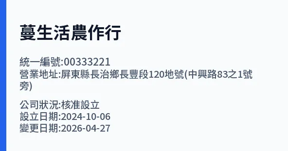 蔓生活農作行的照片-統編 00333221(屏東縣) 公司登記資料與營業項目詳細圖表