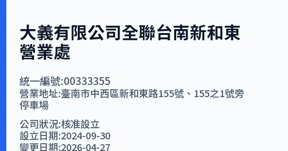 大義有限公司全聯台南新和東營業處的照片-統編 00333355(臺南市) 公司登記資料與營業項目詳細圖表