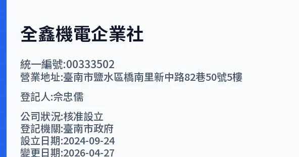 全鑫機電企業社的照片-統編 00333502(臺南市) 公司登記資料與營業項目詳細圖表