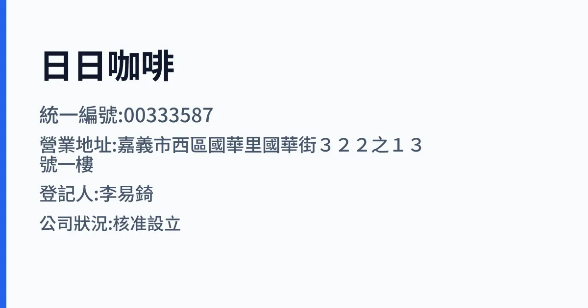 日日咖啡 - 統編 00333587(嘉義市) 公司登記資料與營業項目詳細圖表