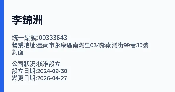 李錦洲的照片-統編 00333643(臺南市) 公司登記資料與營業項目詳細圖表