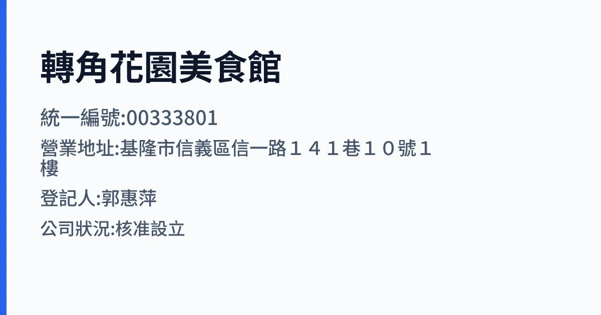 轉角花園美食館 - 統編 00333801(基隆市) 公司登記資料與營業項目詳細圖表