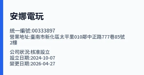 安娜電玩的照片-統編 00333897(臺南市) 公司登記資料與營業項目詳細圖表