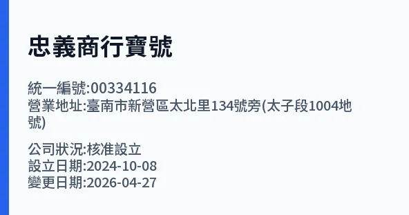 忠義商行寶號的照片-統編 00334116(臺南市) 公司登記資料與營業項目詳細圖表