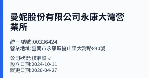 曼妮股份有限公司永康大灣營業所的照片-統編 00336424(臺南市) 公司登記資料與營業項目詳細圖表