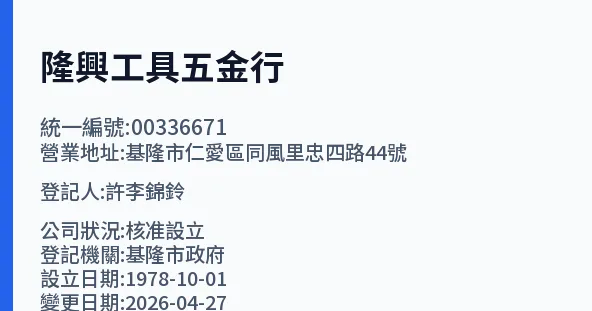 隆興工具五金行的照片-統編 00336671(基隆市) 公司登記資料與營業項目詳細圖表