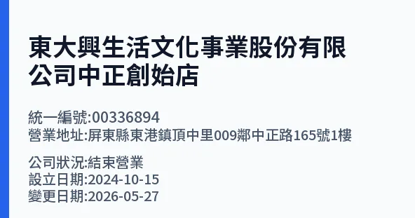 東大興生活文化事業股份有限公司中正創始店的照片-統編 00336894(屏東縣) 公司登記資料與營業項目詳細圖表