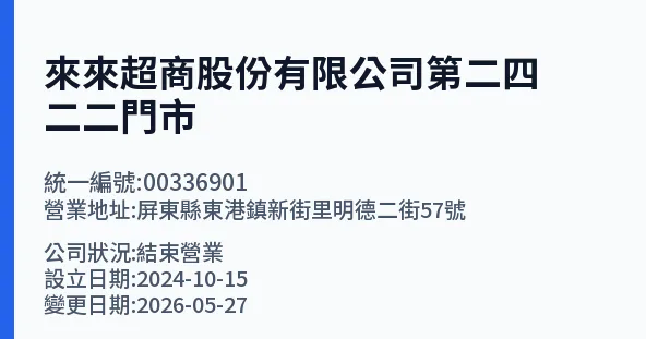 來來超商股份有限公司第二四二二門市的照片-統編 00336901(屏東縣) 公司登記資料與營業項目詳細圖表