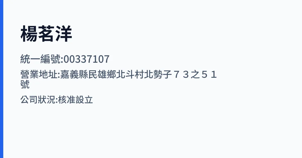 楊茗洋 - 統編 00337107(嘉義縣) 公司登記資料與營業項目詳細圖表