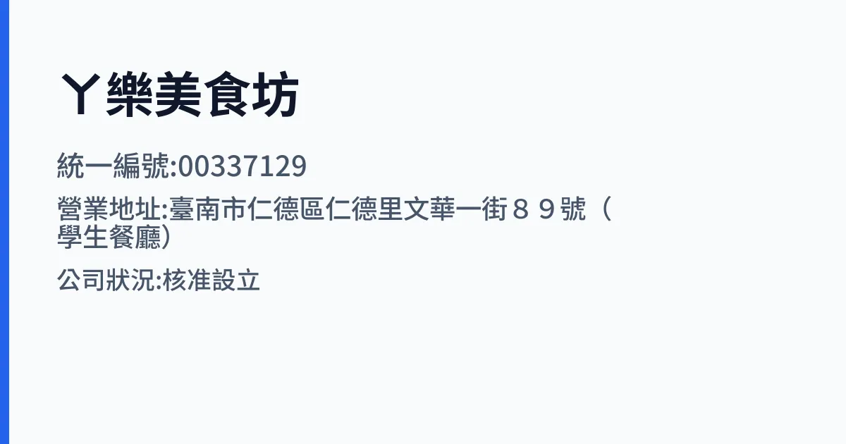 ㄚ樂美食坊 - 統編 00337129(臺南市) 公司登記資料與營業項目詳細圖表