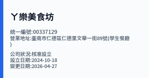 ㄚ樂美食坊的照片-統編 00337129(臺南市) 公司登記資料與營業項目詳細圖表