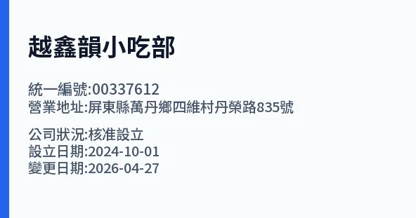 越鑫韻小吃部的照片-統編 00337612(屏東縣) 公司登記資料與營業項目詳細圖表