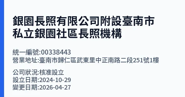 銀園長照有限公司附設臺南市私立銀園社區長照機構的照片-統編 00338443(臺南市) 公司登記資料與營業項目詳細圖表