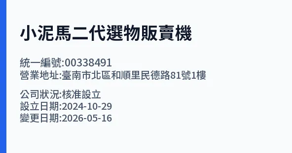 小泥馬二代選物販賣機的照片-統編 00338491(臺南市) 公司登記資料與營業項目詳細圖表