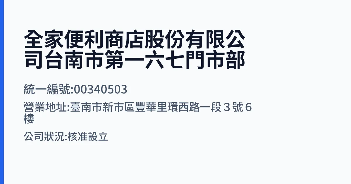 全家便利商店股份有限公司台南市第一六七門市部 - 統編 00340503(臺南市) 公司登記資料與營業項目詳細圖表
