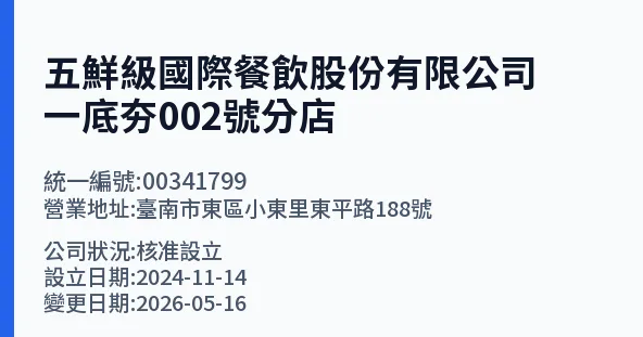 五鮮級國際餐飲股份有限公司一底夯002號分店的照片-統編 00341799(臺南市) 公司登記資料與營業項目詳細圖表