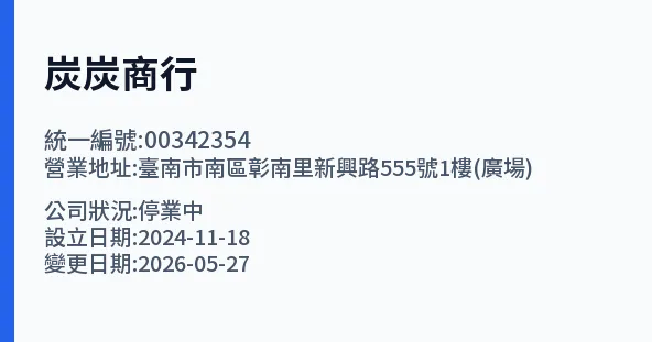 炭炭商行的照片-統編 00342354(臺南市) 公司登記資料與營業項目詳細圖表