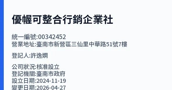 優幄可整合行銷企業社的照片-統編 00342452(臺南市) 公司登記資料與營業項目詳細圖表