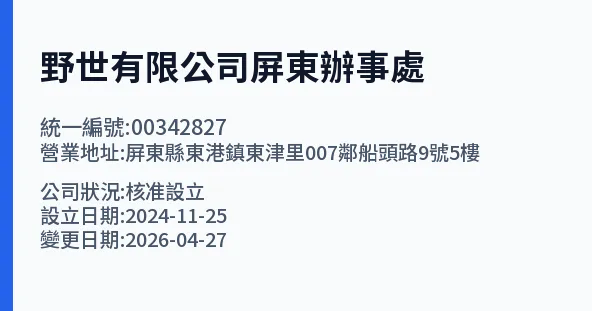 野世有限公司屏東辦事處的照片-統編 00342827(屏東縣) 公司登記資料與營業項目詳細圖表