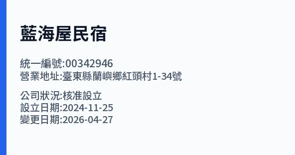 藍海屋民宿的照片-統編 00342946(臺東縣) 公司登記資料與營業項目詳細圖表
