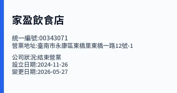 家盈飲食店的照片-統編 00343071(臺南市) 公司登記資料與營業項目詳細圖表