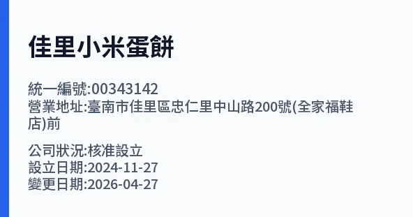 佳里小米蛋餅的照片-統編 00343142(臺南市) 公司登記資料與營業項目詳細圖表