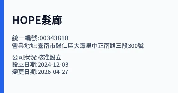 HOPE髮廊的照片-統編 00343810(臺南市) 公司登記資料與營業項目詳細圖表