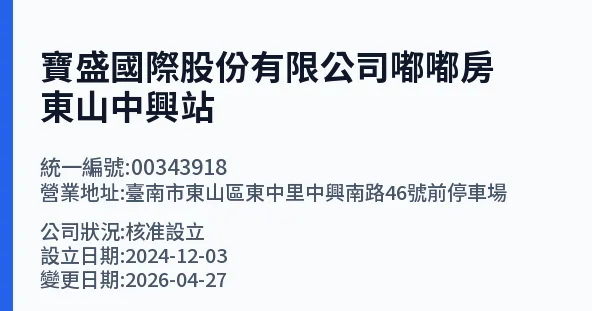 寶盛國際股份有限公司嘟嘟房東山中興站的照片-統編 00343918(臺南市) 公司登記資料與營業項目詳細圖表