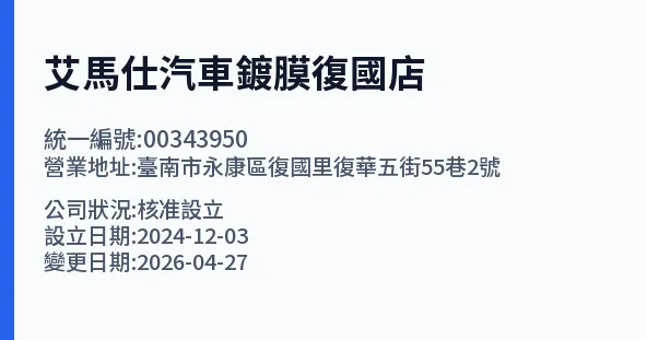 艾馬仕汽車鍍膜復國店的照片-統編 00343950(臺南市) 公司登記資料與營業項目詳細圖表