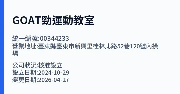 GOAT勁運動教室的照片-統編 00344233(臺東縣) 公司登記資料與營業項目詳細圖表