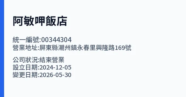 阿敏呷飯店的照片-統編 00344304(屏東縣) 公司登記資料與營業項目詳細圖表