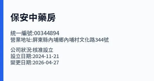保安中藥房的照片-統編 00344894(屏東縣) 公司登記資料與營業項目詳細圖表