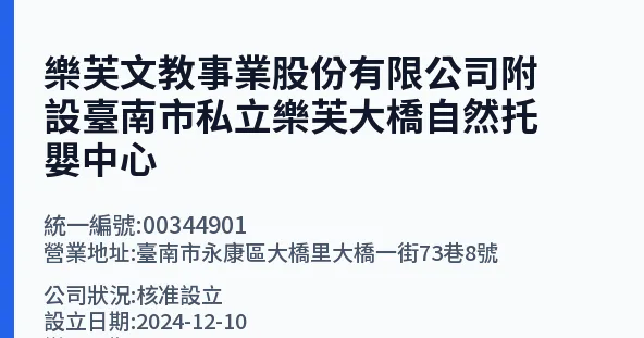 樂芙文教事業股份有限公司附設臺南市私立樂芙大橋自然托嬰中心的照片-統編 00344901(臺南市) 公司登記資料與營業項目詳細圖表