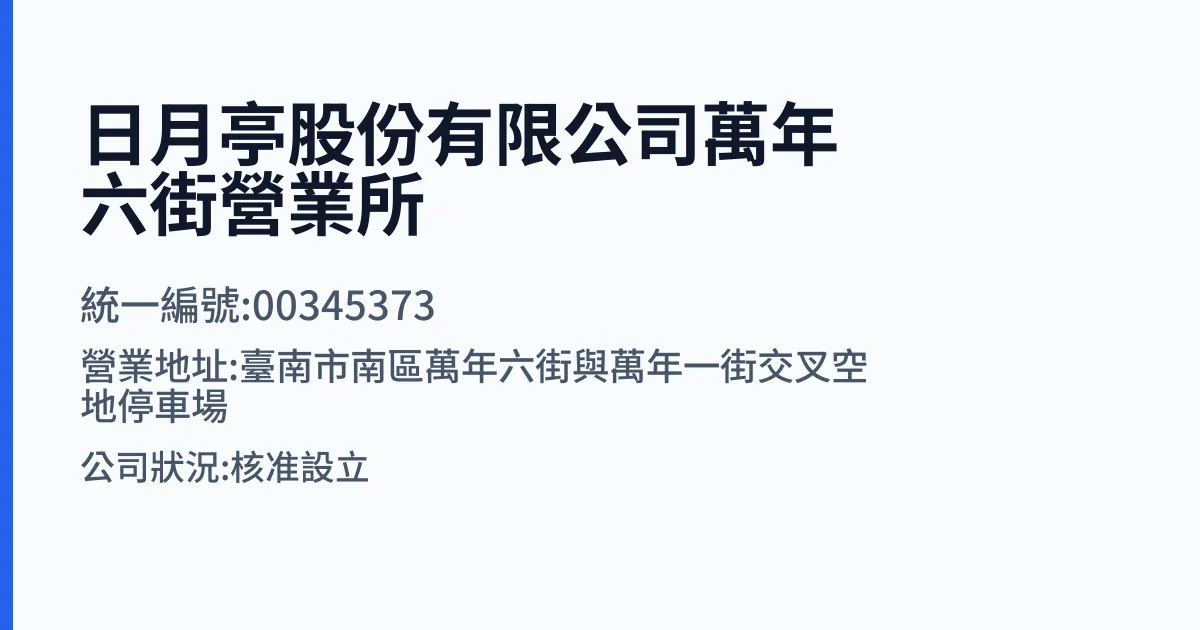 日月亭股份有限公司萬年六街營業所 - 統編 00345373(臺南市) 公司登記資料與營業項目詳細圖表