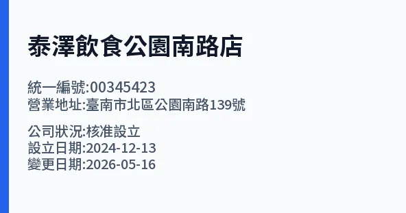 泰澤飲食公園南路店的照片-統編 00345423(臺南市) 公司登記資料與營業項目詳細圖表