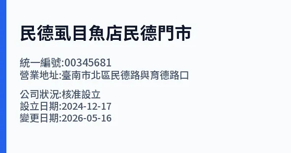 民德虱目魚店民德門市的照片-統編 00345681(臺南市) 公司登記資料與營業項目詳細圖表